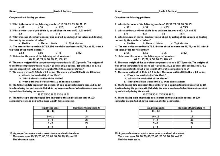 Mean Worksheets | PDF | Mean | Analysis