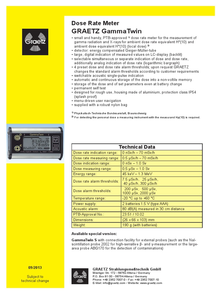 Dose Rate Meter GRAETZ GammaTwin Technical Specs | PDF | Absorbed Dose ...