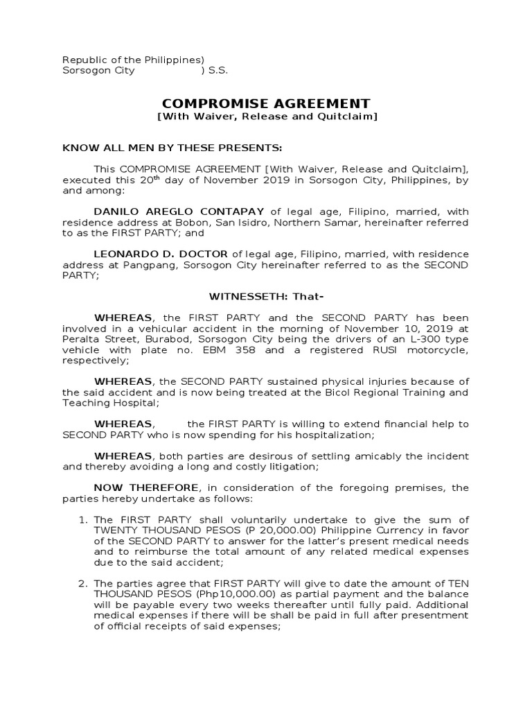 Compromise Agreement | PDF | Damages | Civil Law (Legal System)
