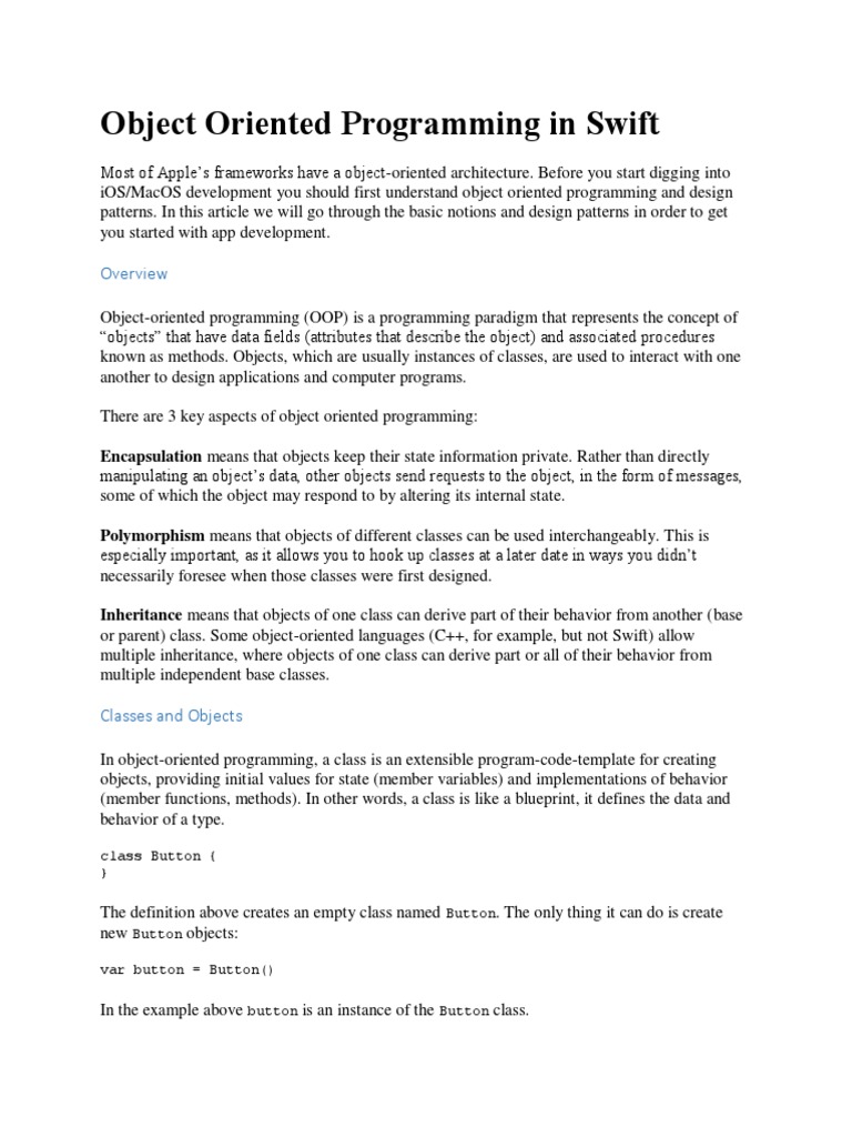 Object Oriented Programming In Swift Pdf Object Oriented Programming Class Computer