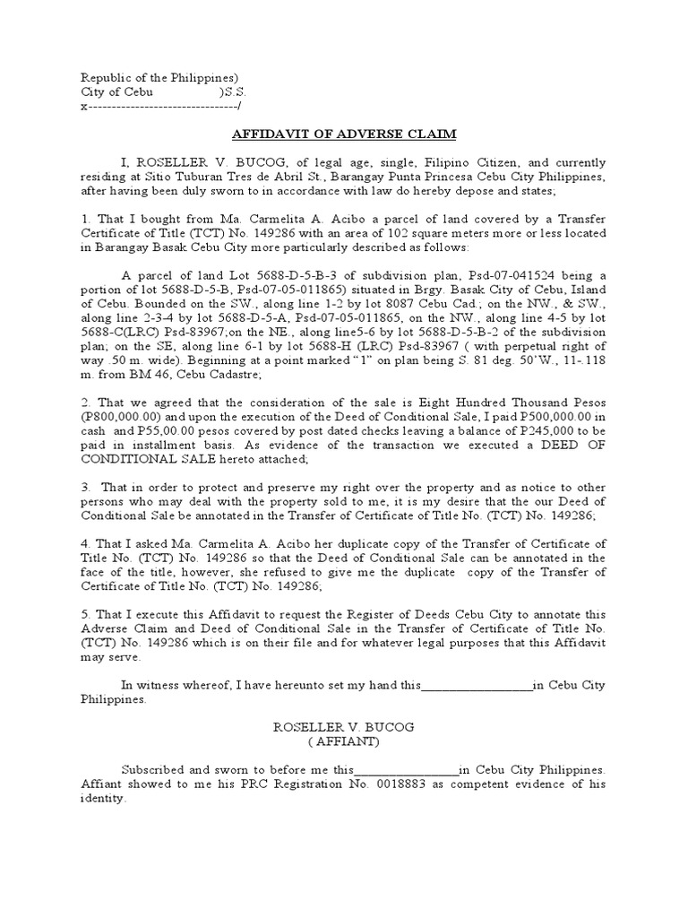 Cebu Land Adverse Claim Affidavit | PDF | Affidavit | Deed