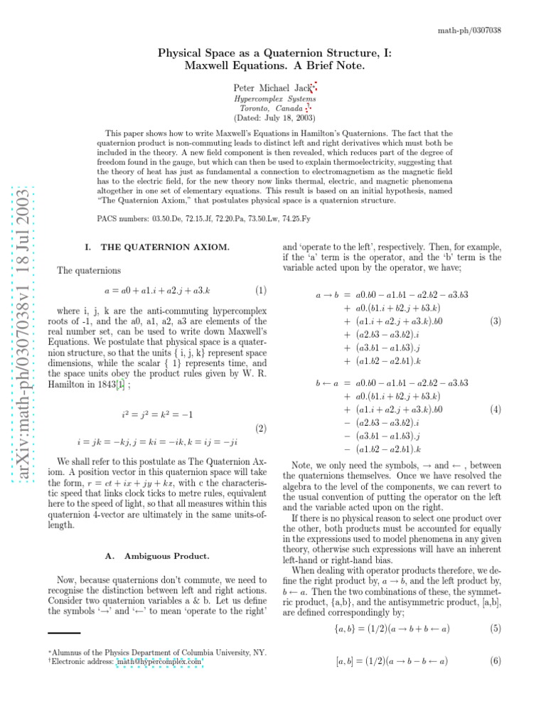 Quaternion Structure in Maxwell's Equations | PDF | Heat | Electric Field