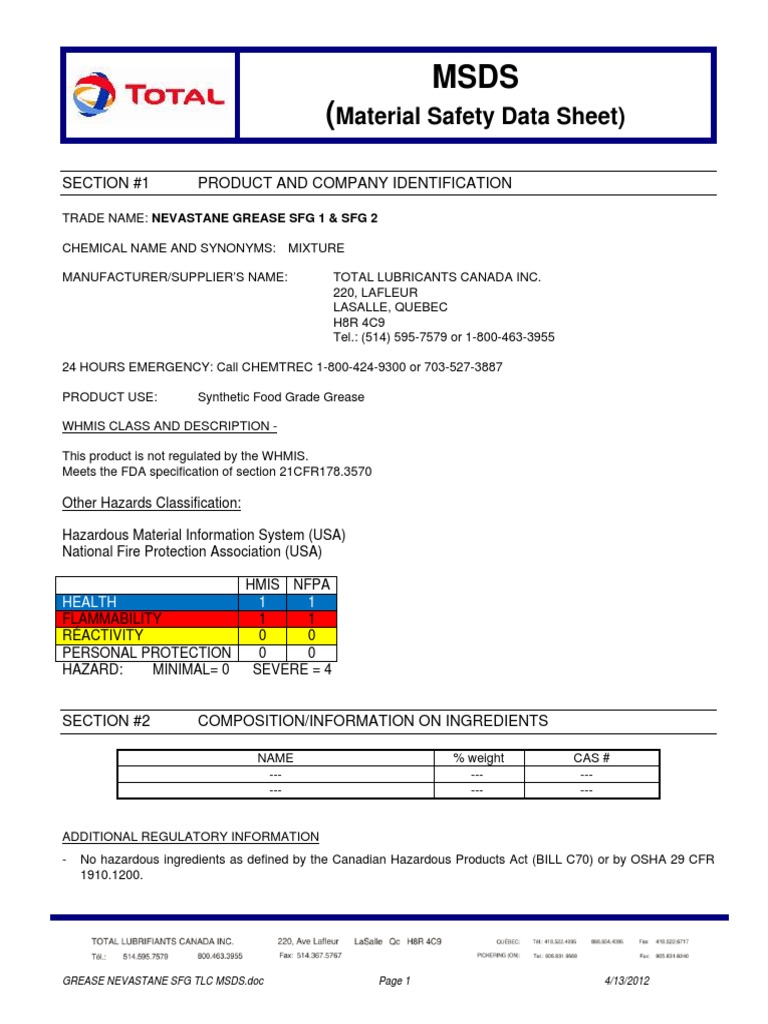 Grease Nevastane SFG TLC MSDS | PDF | Prevention | Occupational Safety ...