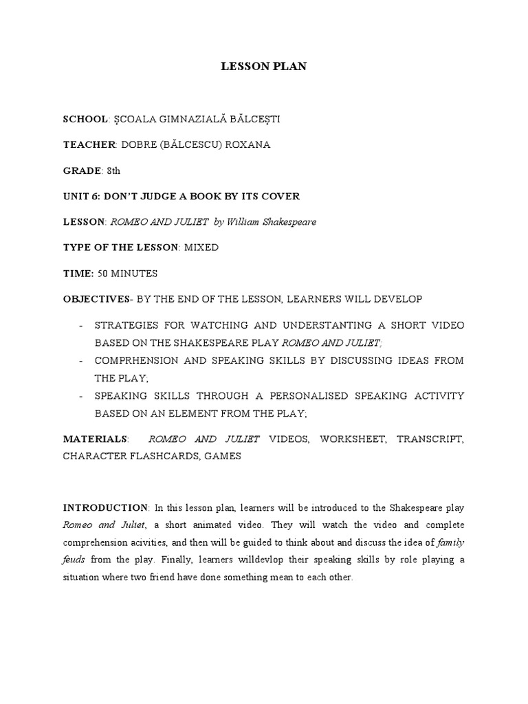 Lesson Plan | PDF | Romeo And Juliet | Lesson Plan
