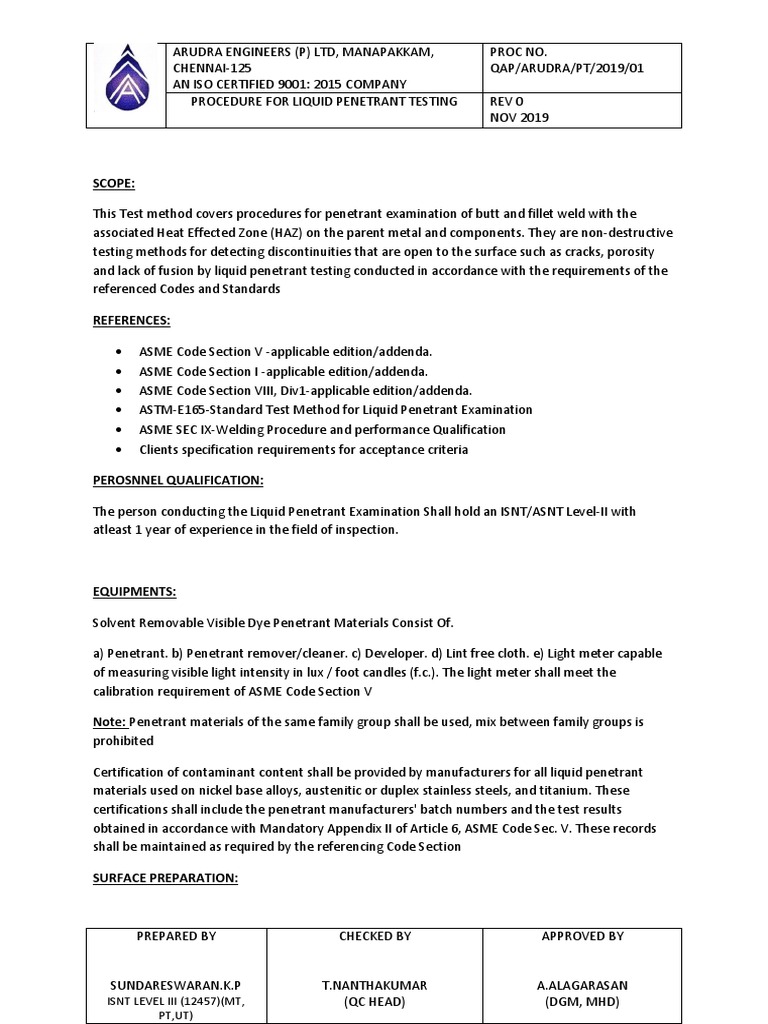Arudra Engineers LPT Procedure | PDF | Materials Science | Materials