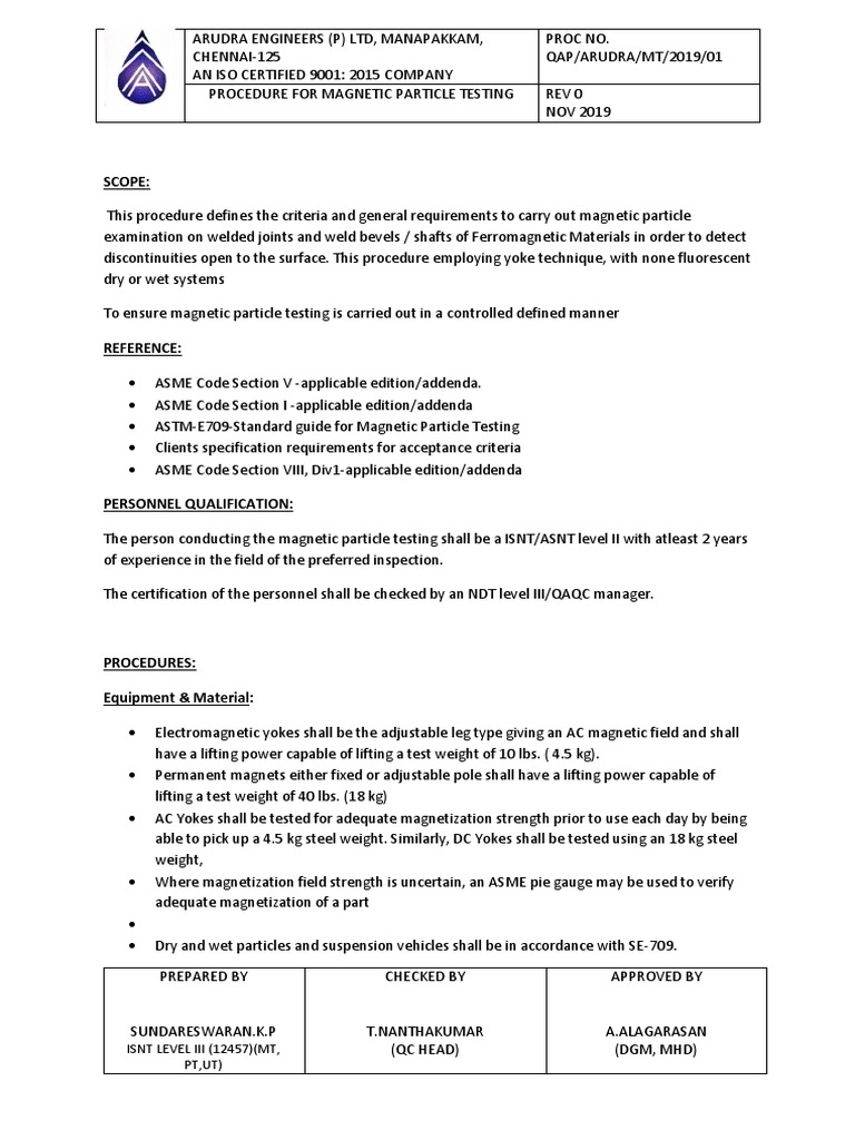 Arudra Engineers MT Procedure | PDF | Nondestructive Testing | Chemistry