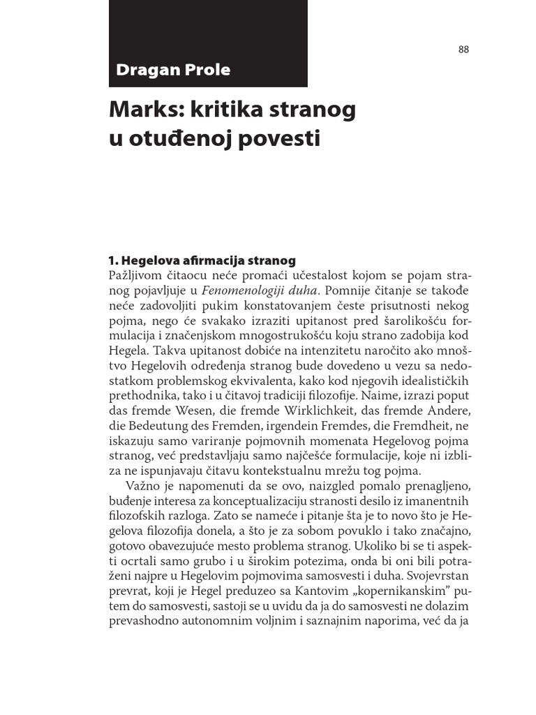 Dragan Prole - Marks - Kritika Stranog U Otuđenoj Povesti PDF | PDF