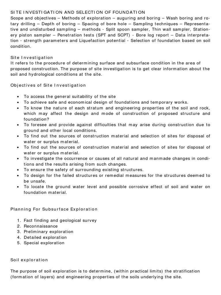 Unit 1 - SITE INVESTIGATION AND SELECTION OF FOUNDATION | PDF | Geology ...