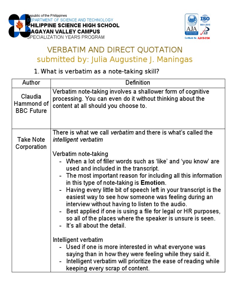 Verbatim and Direct Quotation Reqs | PDF | Word | Linguistics