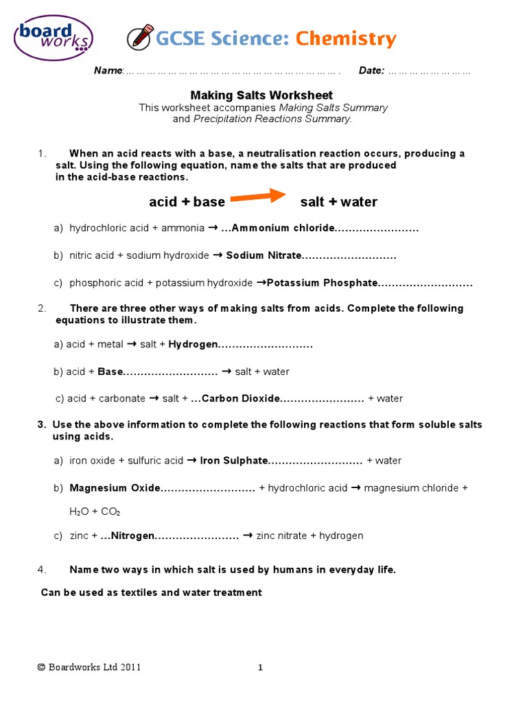 Making Salts: Worksheet and Reactions | PDF | Salt (Chemistry) | Acid
