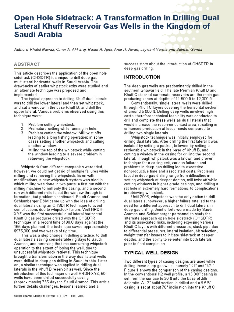 Open Hole Sidetrack in Dual Lateral Drilling | PDF | Casing (Borehole ...
