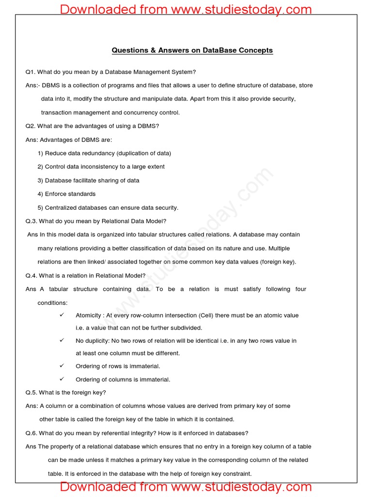 Cbse Class Xi Informatics Practices Database Questions Pdf Relational Model Databases