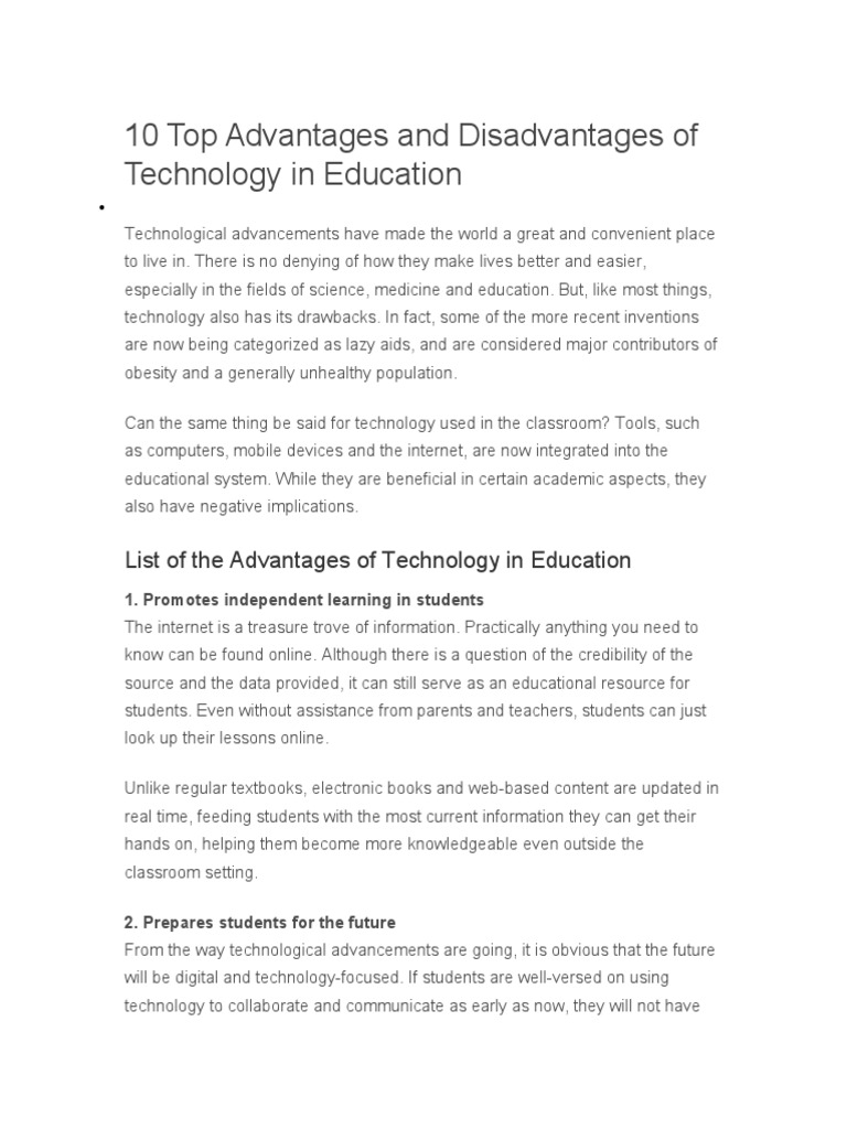 10 Top Advantages and Disadvantages of Technology in Education | PDF ...