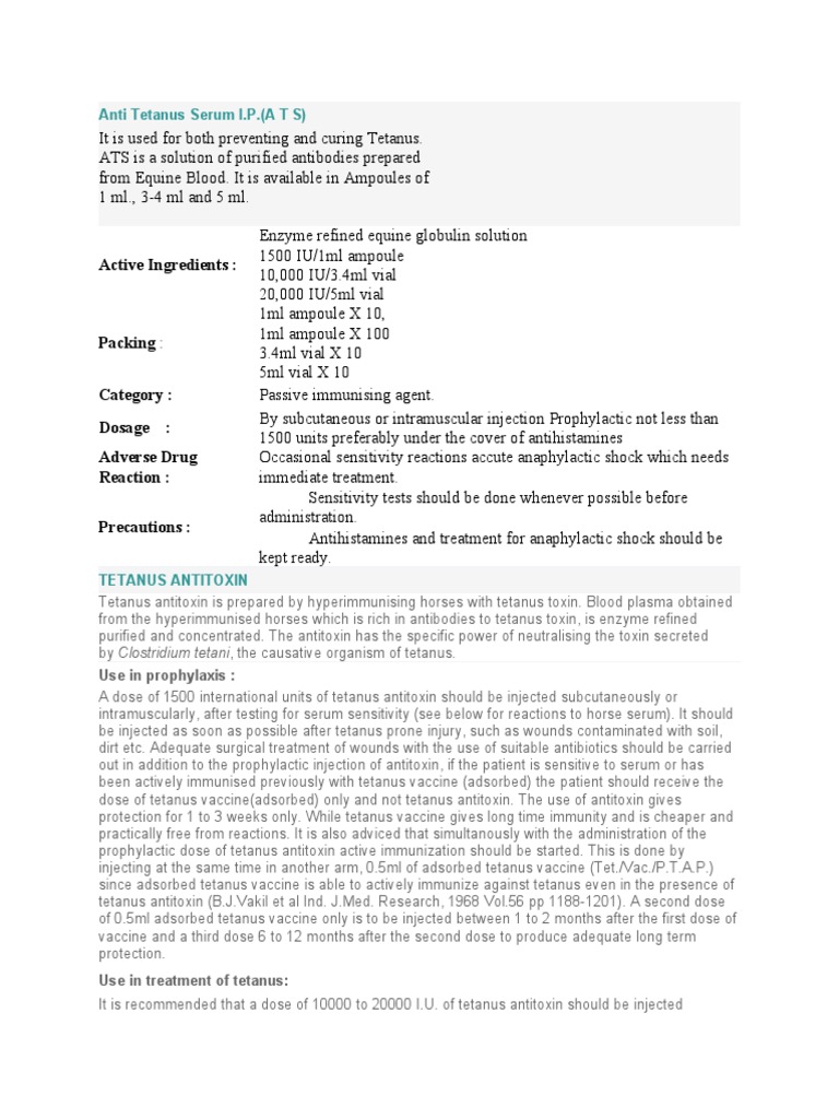 Anti Tetanus Serum Dosage Guidelines | PDF | Blood Plasma | Immunology