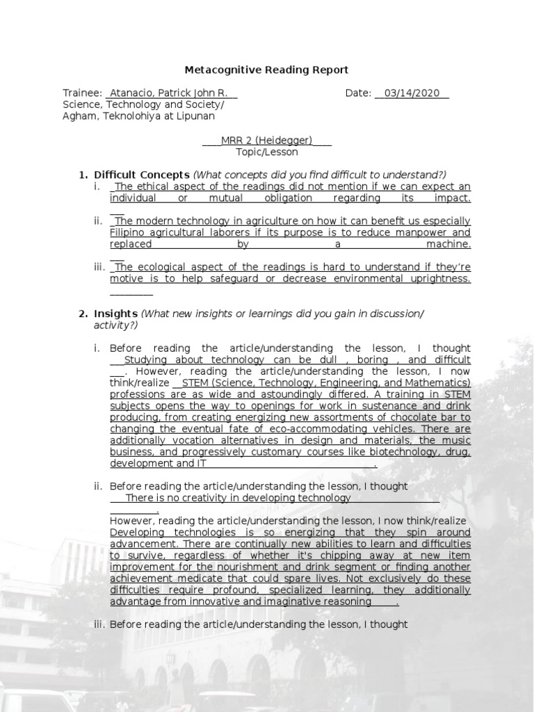 Metacognitive Reading Report STS ATANACIO | PDF | Science, Technology ...