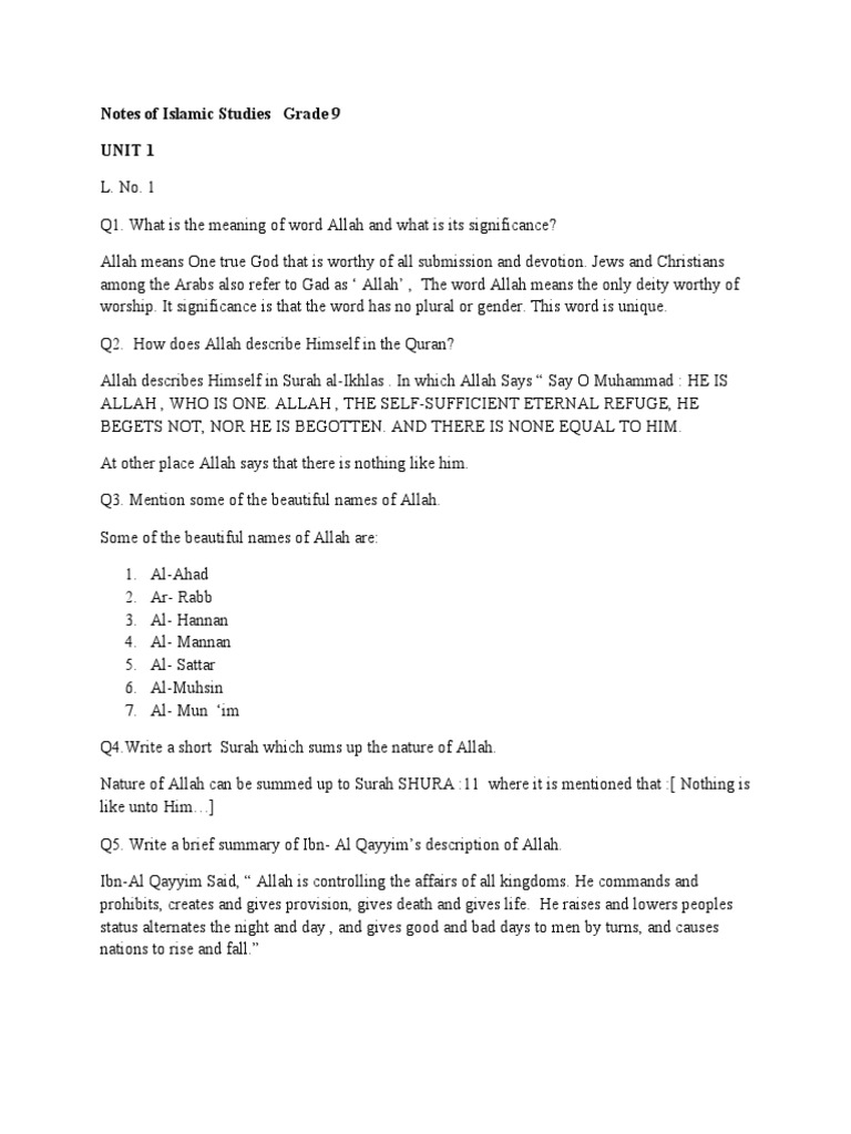 Grade 9 Islamic Studies Notes | PDF | God In Islam | Allah