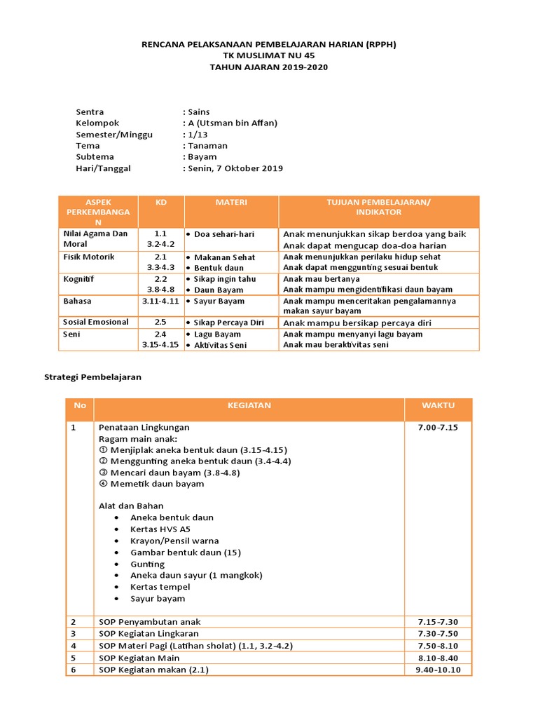 RPPH Tema Sayur Bayam untuk TK | PDF