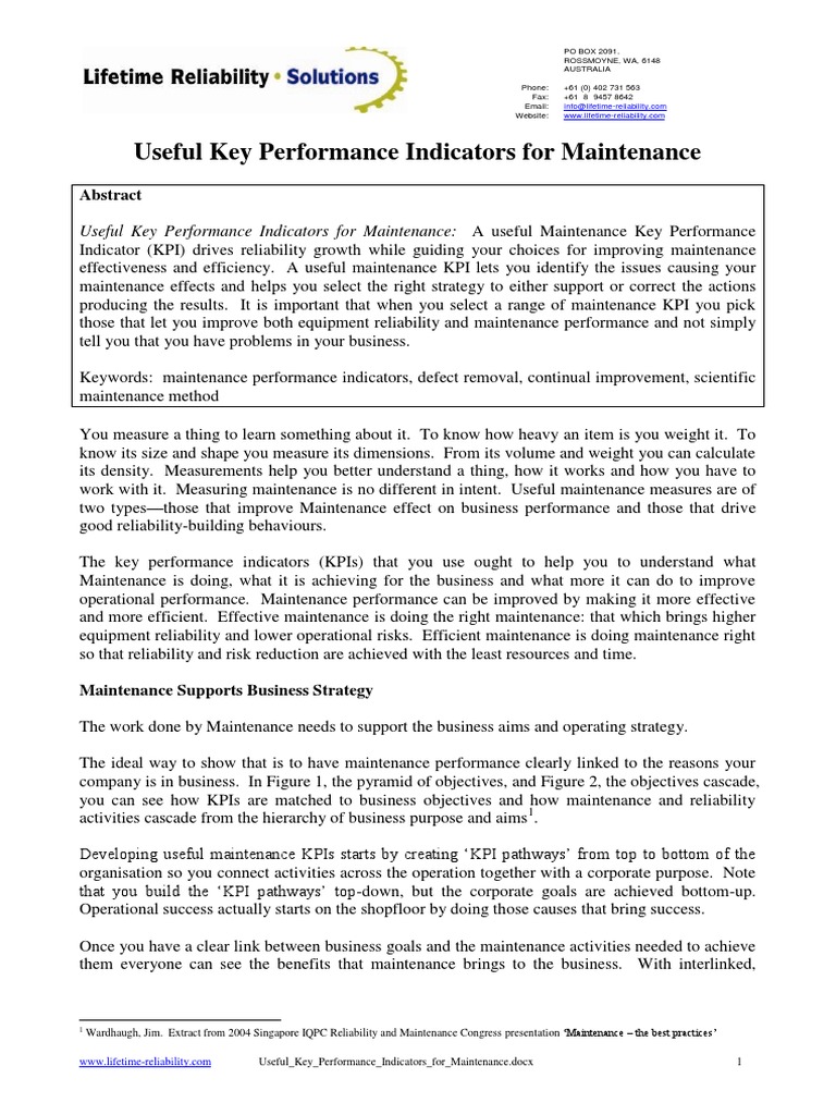 Key Performance Indicators for Maintenance | PDF | Performance ...