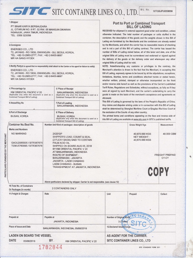Copy BL 2container PDF | PDF | Bill Of Lading | Cargo