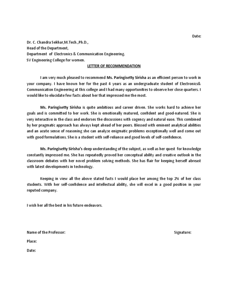LETTER OF RECOMMENDATION - Hod | PDF
