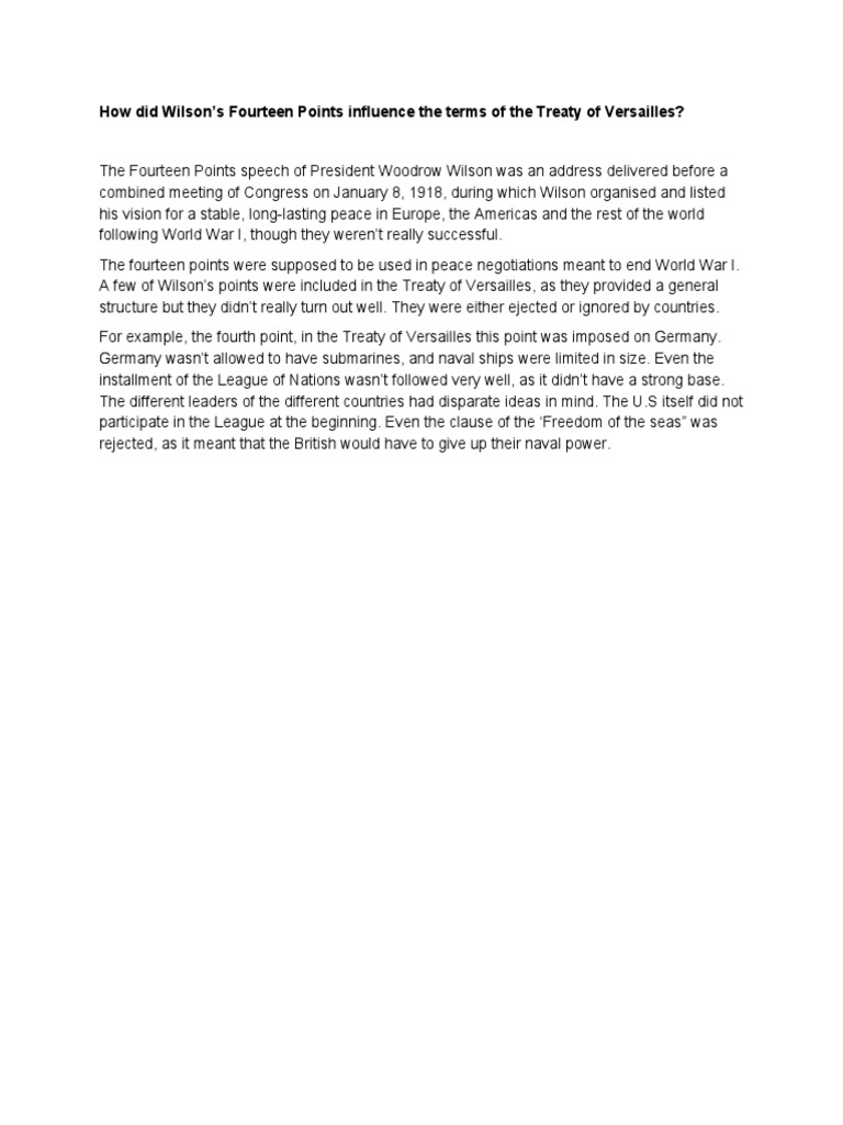 How Did Wilson's Fourteen Points Influence The Terms of The Treaty of ...