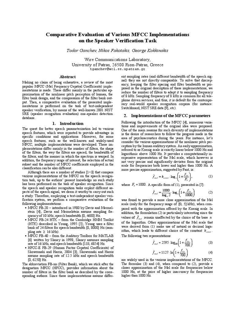 Mfccs In Speech Recognition Pdf Pdf Discrete Fourier Transform Filter Signal Processing