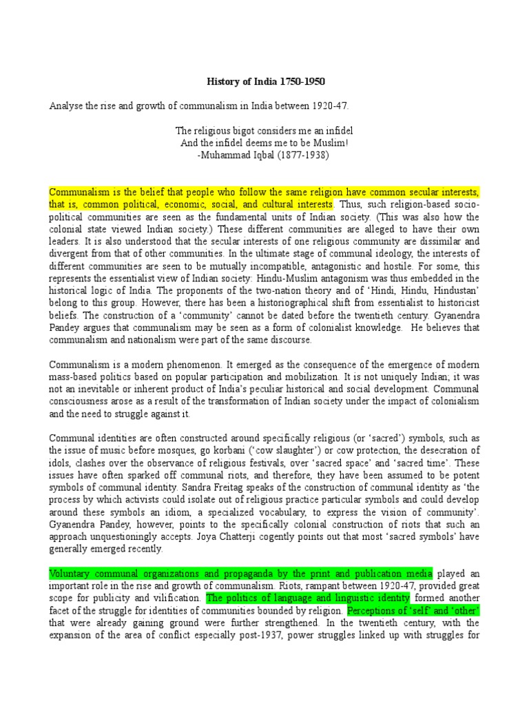 Communalism in India: 1920-1947 Analysis | PDF | Partition Of India ...