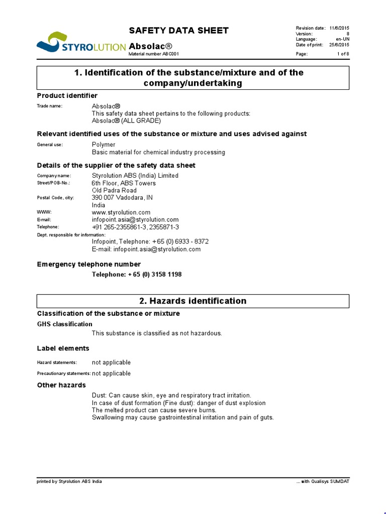 Absolac MSDS | PDF | Toxicity | Combustion