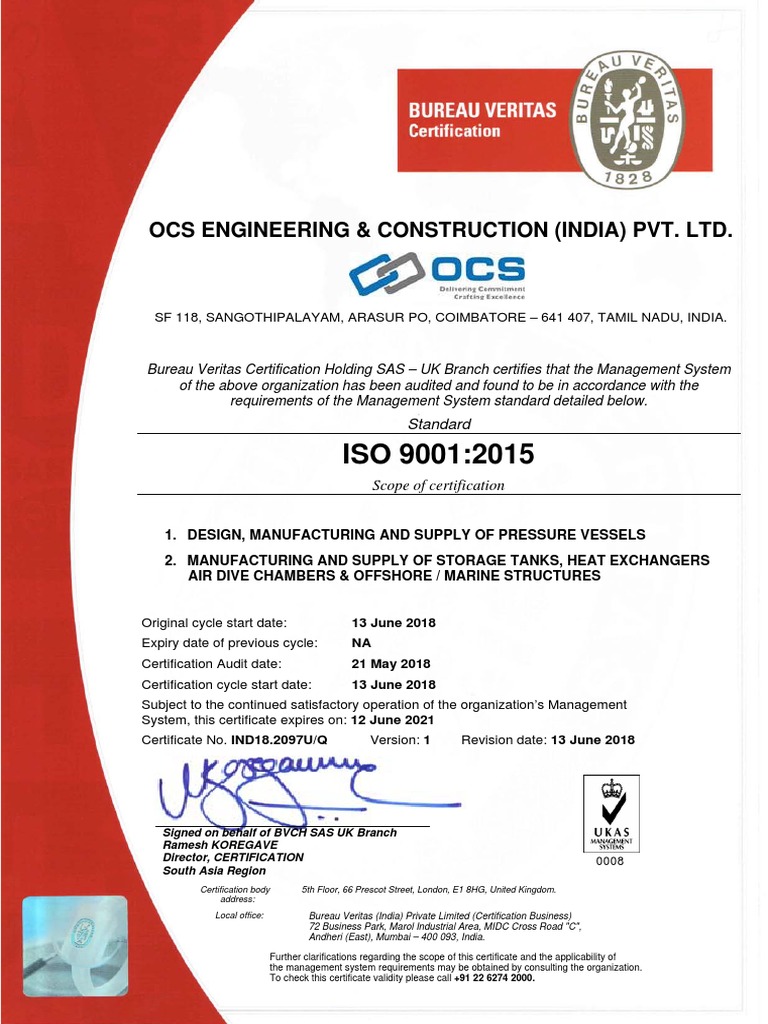 Ocs Engineering & Construction (India) Pvt. Ltd. - Iso 9001-2015 PDF | PDF