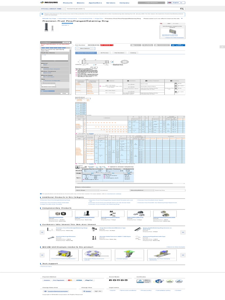 Precision Pivot Pins - Flanged - Retaining Ring by MISUMI - MISUMI ...