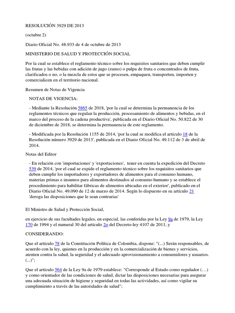 Resumen de la Resolución 3929 de 2013 | PDF | Decapado | Alimentos