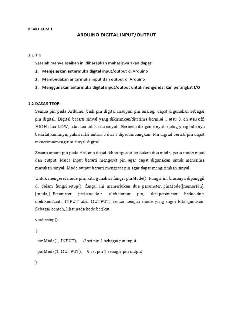 PRAKTIKUM 1 Arduino Digital Input - Output | PDF PRAKTIKUM 1 Arduino Digital Input - Output | PDF