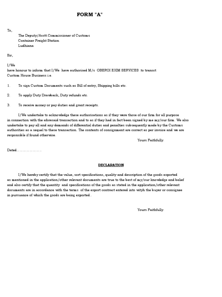 Form A With Declaration | PDF | Invoice | Customs