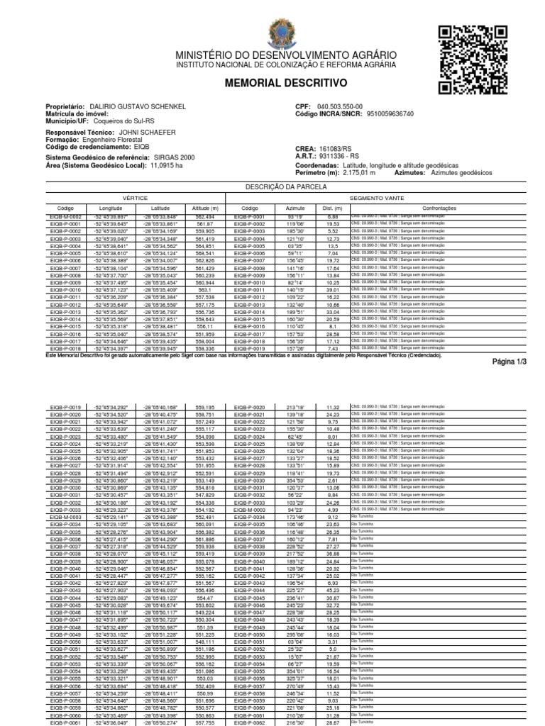 Modelo de Memorial Descritivo Tabular (SIGEF) | PDF | Brasil | Natureza Modelo de Memorial Descritivo Tabular (SIGEF) | PDF | Brasil | Natureza
