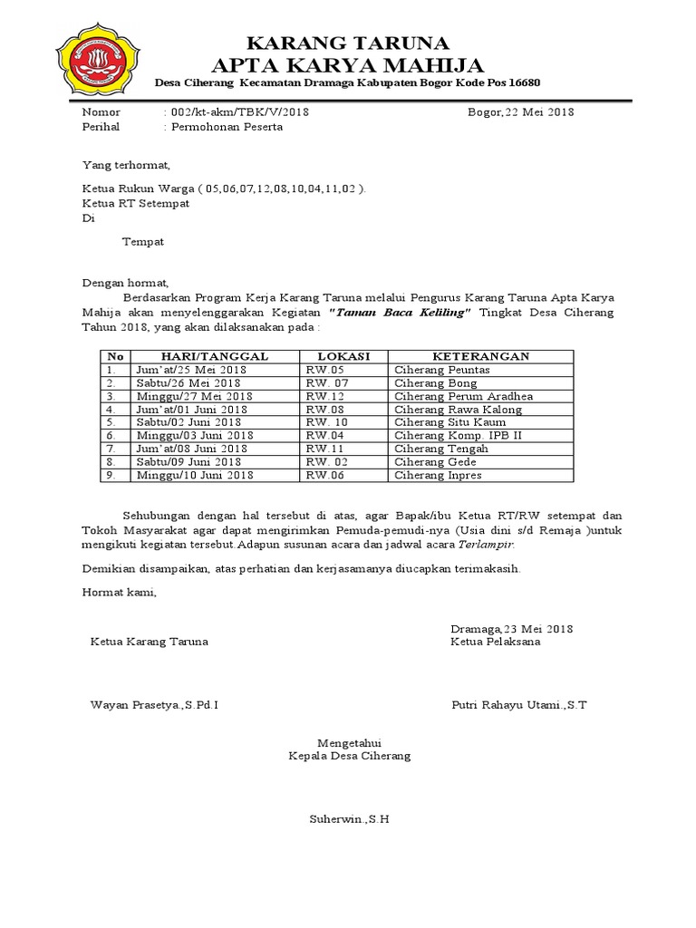 Surat Pemberitahuan Karang Taruna | PDF