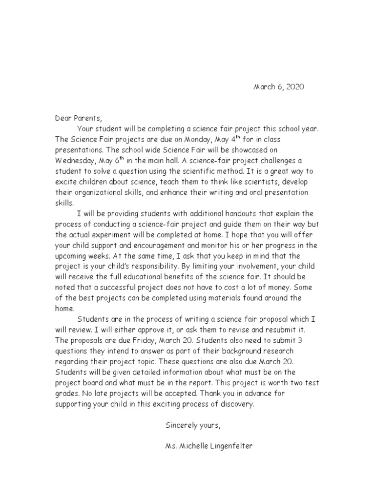 Science Fair Letter For Parents 2020 | PDF
