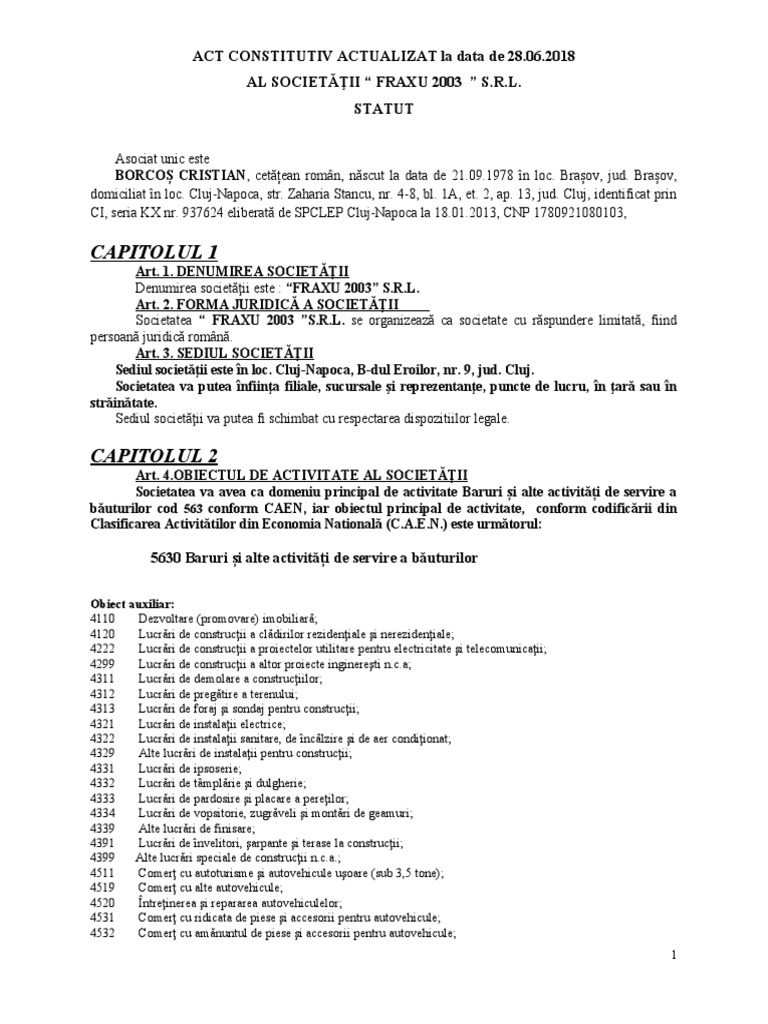 Act Constitutiv SRL Actualizat | PDF