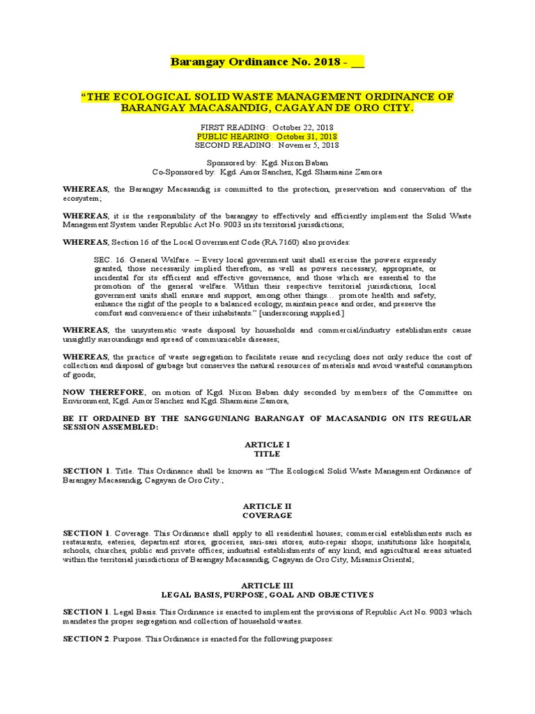 Barangay Ordinance SWM | PDF | Municipal Solid Waste | Compost