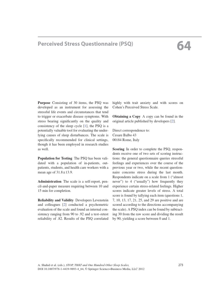 Perceived Stress Questionnaire (PSQ) PDF | PDF | Self Report Study ...