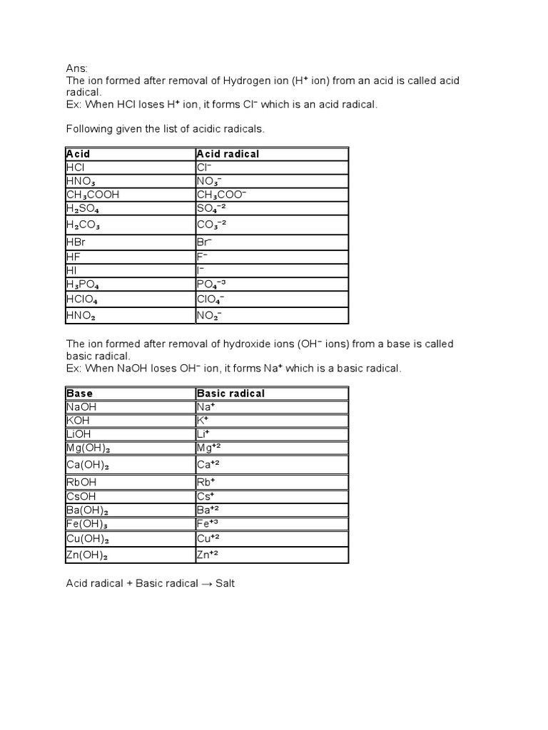 Acid Radicals and Basic Radicals | PDF | Salt (Chemistry) | Acid