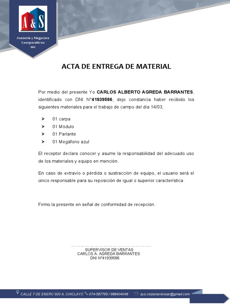 Acta de Entrega de Material | PDF