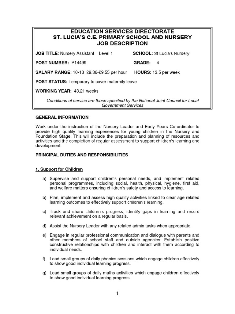 Nursery Assistant Job Description and Person Specification | PDF ...