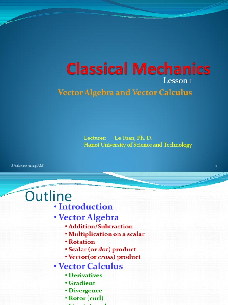 Classical Mechanics Lesson 1 Vector Algebra And Vector Calculus Pdf