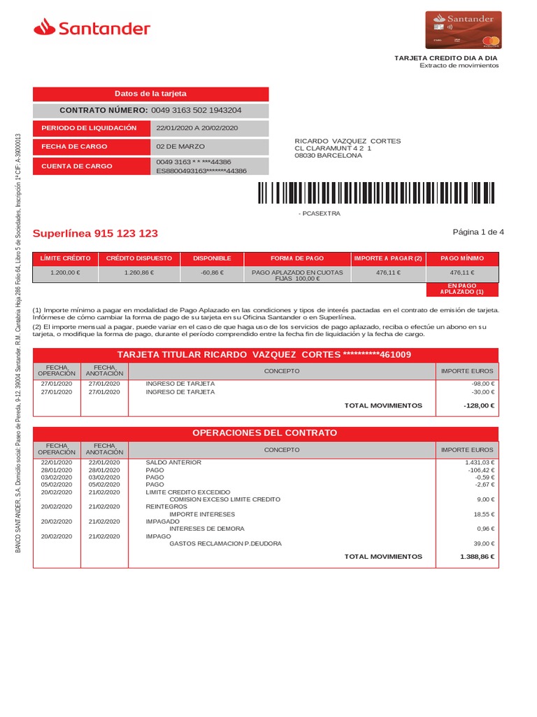Extracto Mensual Tarjeta Santander | PDF | Crédito | Finanzas y dinero