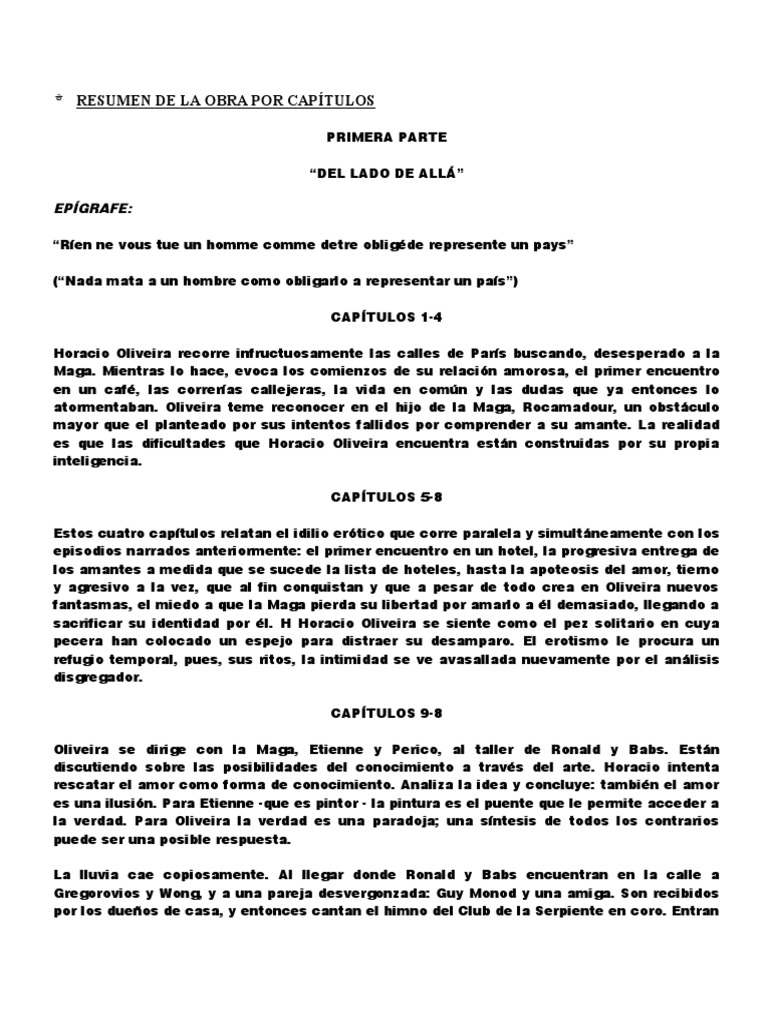 Resumen Por Capitulos de Rayuela - Julio Cortazar | PDF