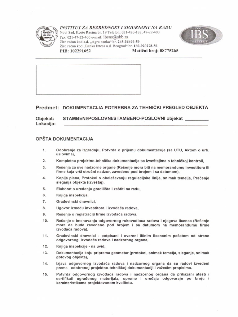 Tehnicki Pregled Potrebna Dokumentacija PDF | PDF