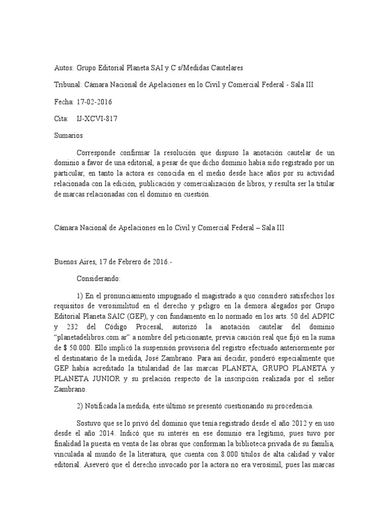 Editorial Planeta S. Medidas Cautelares CNCiv y Com Sala III | PDF ...
