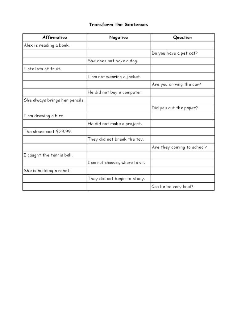 Transforming Sentences Table | PDF
