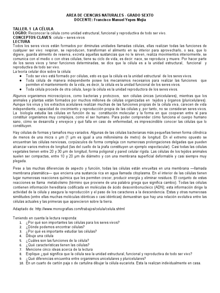 Taller-Celula Grado 6 CN | PDF | Biología Celular) | Organismos