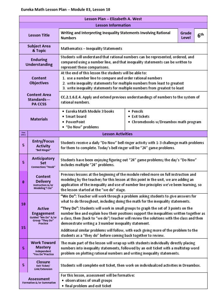 West Lesson Plan Eureka m3l10 | PDF | Lesson Plan | Teaching Mathematics